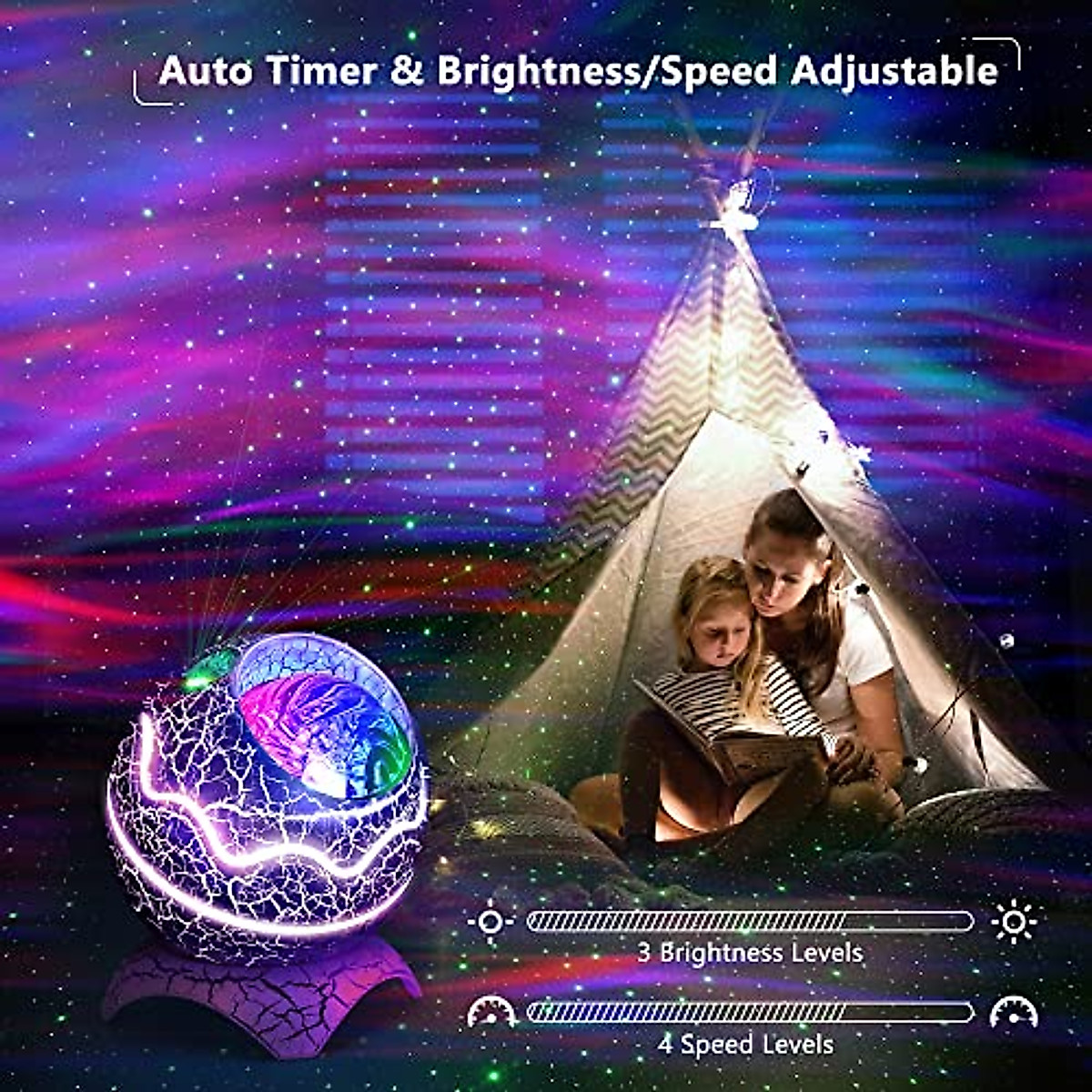 Brizled Star Projector Night Light, Dinosaur Egg Shaped Galaxy Projector Light with Bluetooth Speaker & White Noise, LED Nebula Starry Night Light Projector Remote for Room Party Birthday Home Theater