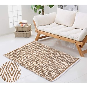 THE BEER VALLEY Cotton Diamond Rug 21x34 Inches - Linen, Reversible Machine Washable Accent Rugs for Bedroom, Kitchen, Entryway, Bathroom