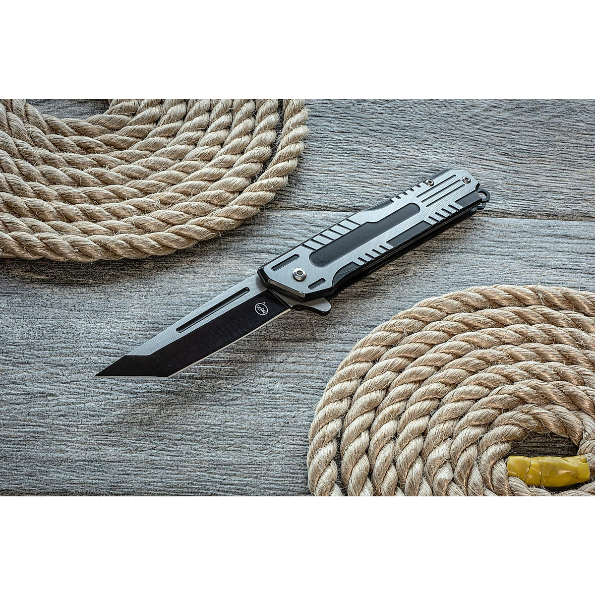 SE Spring Assisted Tanto Folding Knife with Black with Metal Machining Design - KFD20020-1