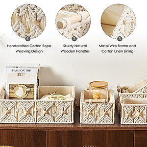 VinneGenzz 5PCS Decorative Boho Macrame Storage Baskets Handmade Bohemian Box Natural Cotton Rope Woven Bins with Wooden Handles Countertop Toilet Tank Shelf Organizer - Off White with Wood Beads