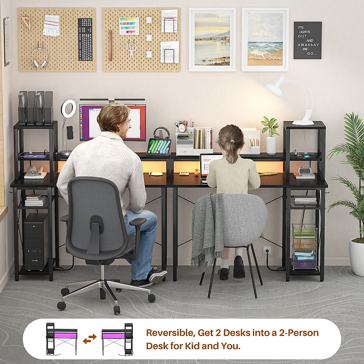 armocity 2024 Upgrade Gaming Desk with LED Lights, Small Computer Desk with Long Monitor Stand, 40'' Reversible Laptop Table with Storage Shelves, Small Desk for Small Spaces, Gaming Room, Black