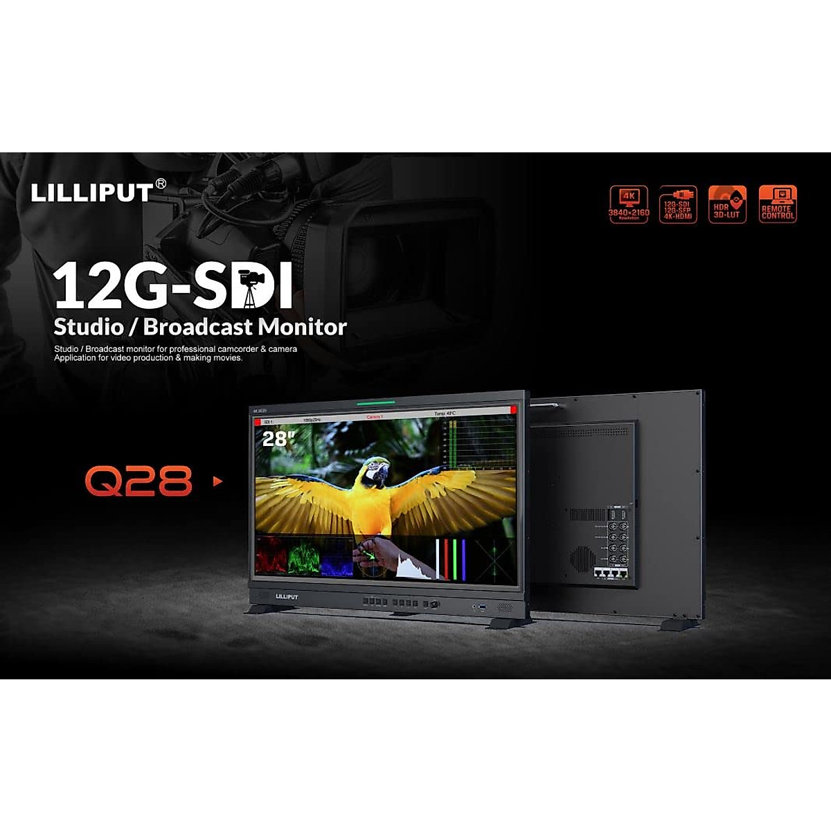 LILLIPUT Q28-ABBP-CC 28" 12G-SDI 12G-SDI and 4K HDMI 2.0 Professional Production Studio Monitor (Gold Mount) Quad-Split Multiview Display HDR and 3D-LUT Support with Carry-on case +Sunhood