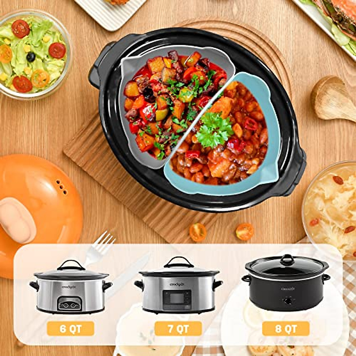 Silicone Crock Pot Liner-Crockpot Divider Insert Fit 6-8 Quarts, Reusable Slow Cooker Silicone Liner, Foldable&Dishwasher Safe (Blue+Grey)