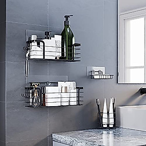 Supfirm Shower Caddy Bascket with Hooks, Rustproof SUS304 Stainless Steel Storage Organizer, Adhesive No Drilling Wall Mounted Shelf for Bathroom and Kitchen (Black 4-pack)