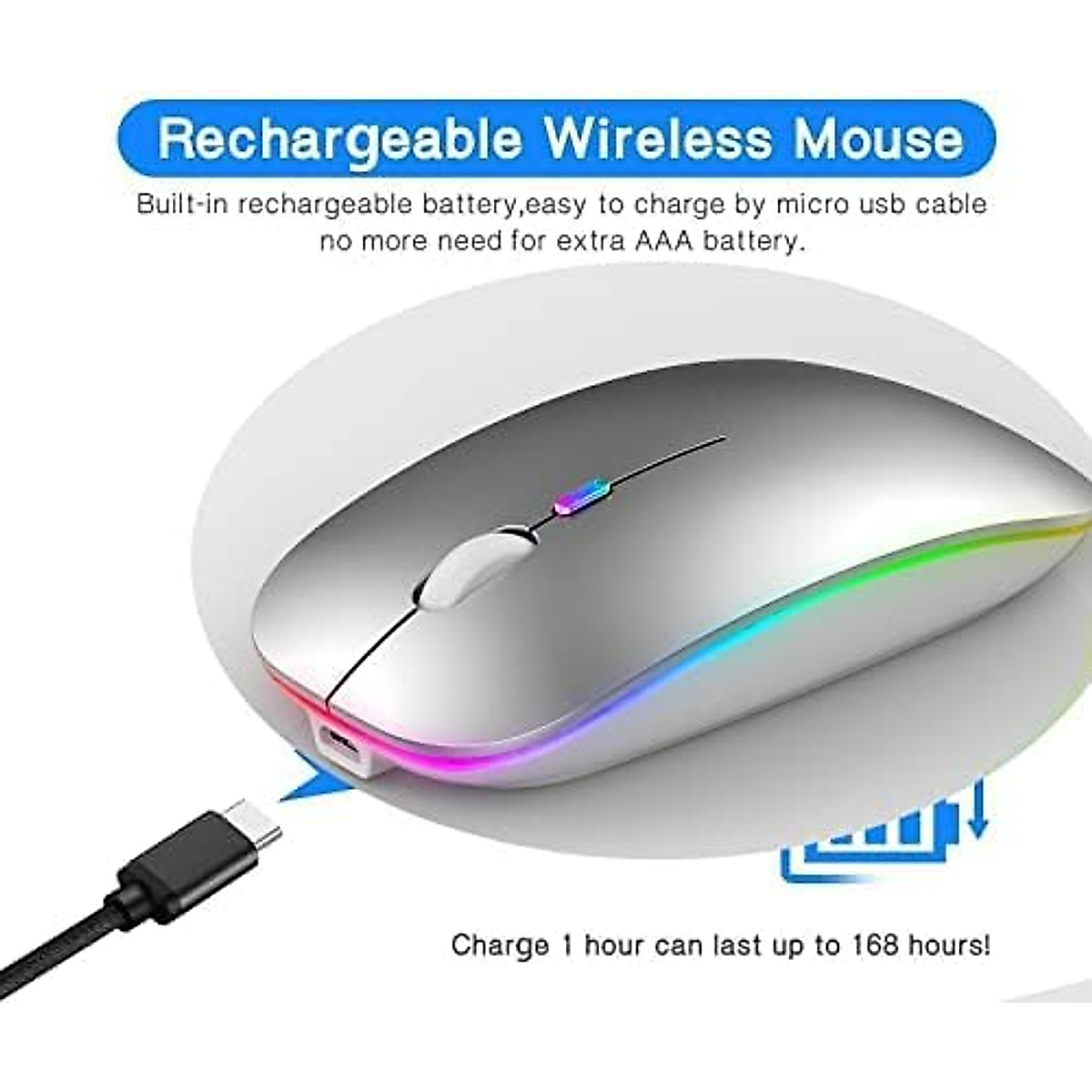 Neises LED Bluetooth Mouse,Bluetooth Mouse for MacBook Pro/MacBook Air/iMac/mac/ipad/ipad pro,Wireless Mouse for Macboook Air/MacBook Pro/PC (Silver)