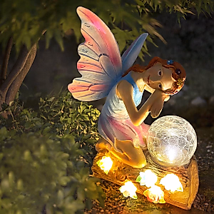 PERFECTOP Solar Angel Garden Statue Outdoor Decor, Resin Fairy Angel Elf Girl Figurine with Solar Lights, Garden Art for Patio Lawn Yard Porch Wedding Home Decoration, Valentine's Day Women Gifts