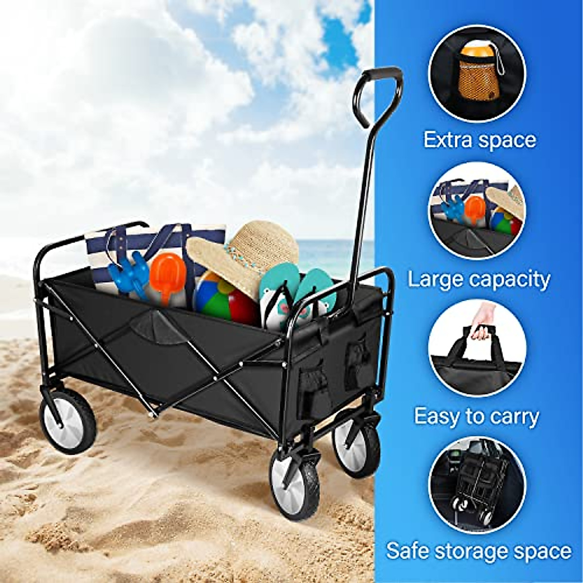 YSSOA Rolling Folding & Rolling Collapsible Garden Cart, Outdoor Camping Wagon Utility with 360 Degree Swivel Wheels & Adjustable Handle, Black 220lbs Weight Capacity Rolling Collapsible Garden Cart