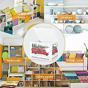 CaTaKu Christmas Red Bus Storage Bins with Lids and Handles, Fabric Large Storage Container Cube Basket with Lid Decorative Storage Boxes for Organizing Clothes