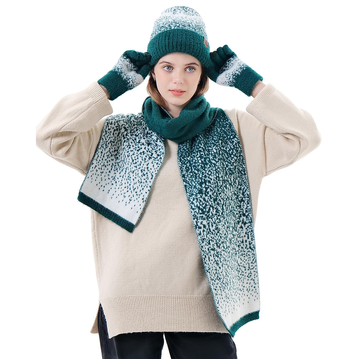 Womens Winter Knit Beanie Hats and Touchscreen Gloves Long Scarf Set with Warm Fleece Lined Skull Caps Gloves Scarves for Women