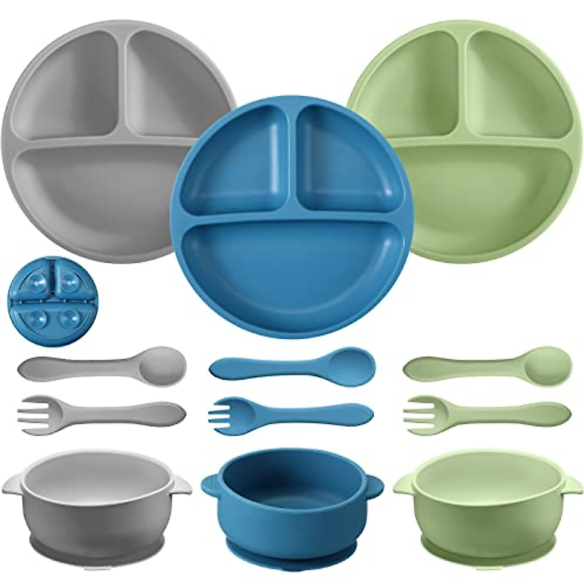 9 Pcs Silicone Baby Toddler Suction Plates Baby Bowls with Suction Toddler Bowls Set Kids Utensils Divided Plate Baby Boy Girl Feeding Set with Spoon Fork Dishwasher and Microwave Safe (Matte Colors)