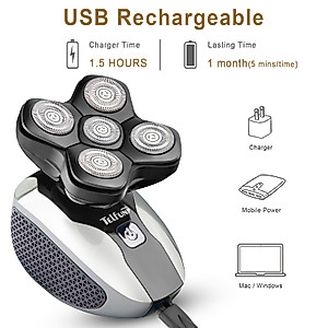 Detachable Head Shavers - Telfun Upgrade 5-in-1 Electric Head Shavers for Bald Men, 100% Waterproof Cordless Razor, Wet/Dry Shaving, 5 Dual Track Heads, Mess-Free Hair Capture (Black)