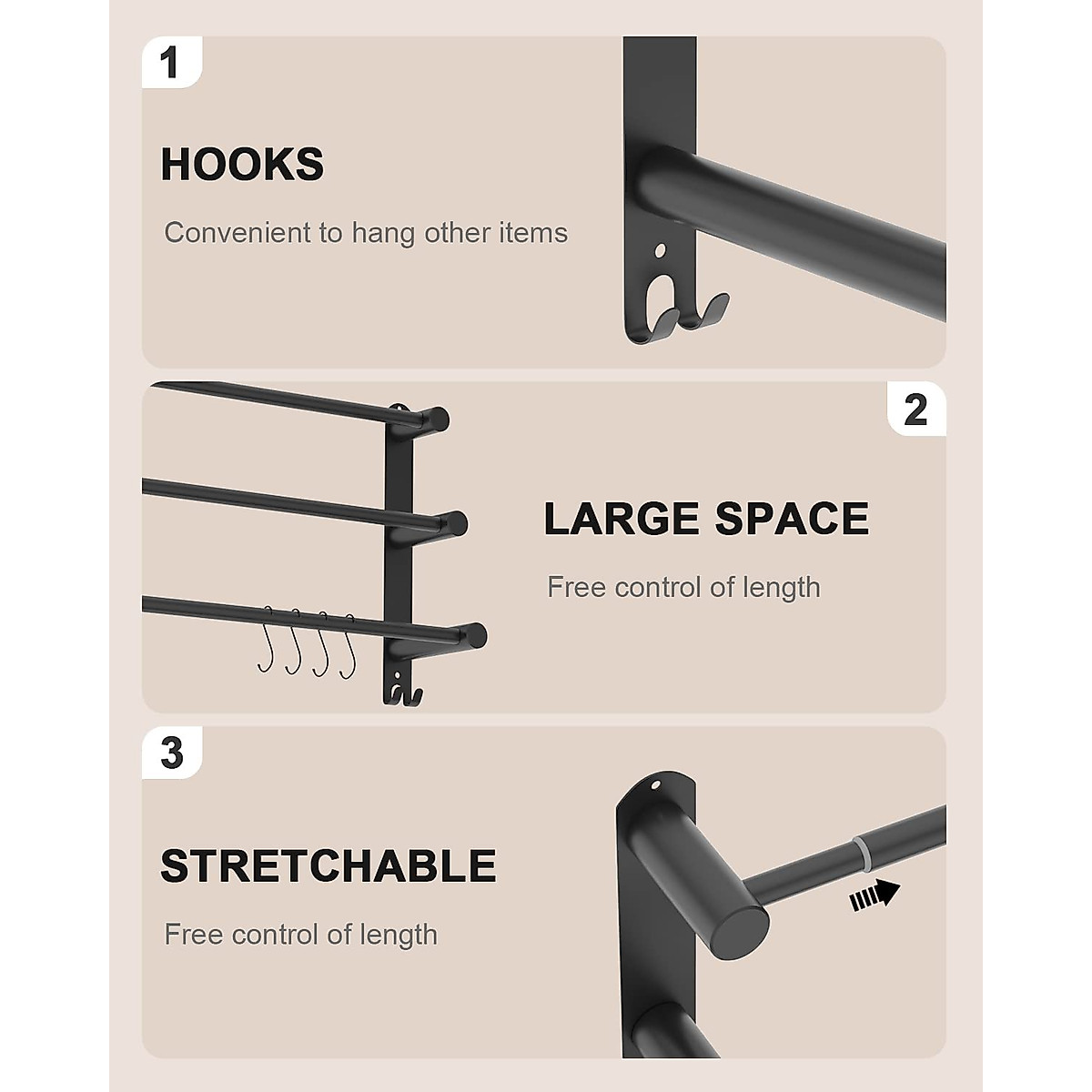 3-Tier Adjustable Ladder Bath Towel Bar 16 to 27.6 Inch,ZUEXT Oil Rubbed Black Stainless Steel Towel Holder, Wall Mounted Stair Towel Rod for Bathroom Kitchen,Strechable Towel Rail Racks w/Hooks