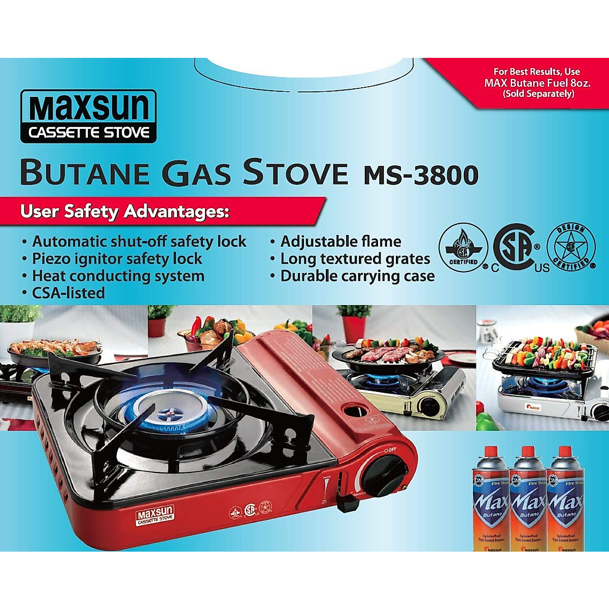 Maxsun Portable Gas Stove MS3800 (Red), 9,560BTU High Power, Camp Stove, Outdoor/Indoor, with Carrying Case