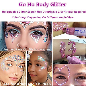 Go Ho Pink Face Body Glitter,Singer Concerts Pink Face Paint Glitter Makeup,Holographic Chunky Sequins Glitters for Eye Lip Hair Nails,Festival Glitter Rave Accessories,03 Pink Glitter 52g