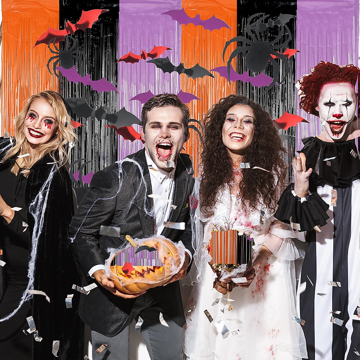 Halloween Party Decorations, 2 Pack Orange Purple Black Tinsel Foil Fringe Curtains, 3.3 x 6.6 FT Halloween Photo Booth Props,36 Pcs PVC Bat Spider Stickers Decals for Halloween Backdrop