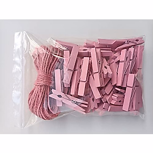 2" Pink Wooden Clothes Pins DIY Photo Garland Baby Shower Bag Clips Decorative Clothespins with Jute Twine Pack 50