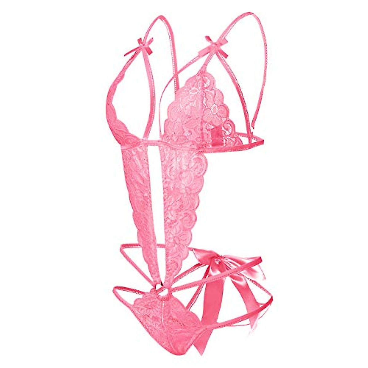 Donnalla Women's Deep V Lace Teddy One Piece Lingerie Cutout Strappy Lingerie, Pink, Medium