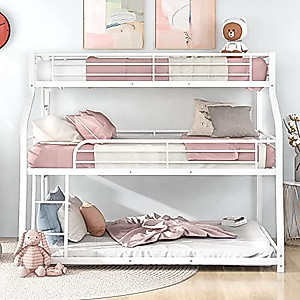 Harper & Bright Designs Metal Triple Bunk Beds,Bunk Beds Twin XL/Full XL/Queen,3 in 1 Triple Bed,Heavy Duty 3 Beds Bunk Bed with Guard Rails & 2 Ladders for Kids,Teens, Adults,White