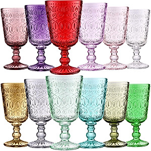 12 Pcs Wine Glass Goblets Colored Glass Goblets Bulk 9 oz Stemmed Glassware Vintage Pattern Embossed High Clear Drinking Glass with Stem Diamond Design for Wedding Party Banquet Feast, 12 Colors