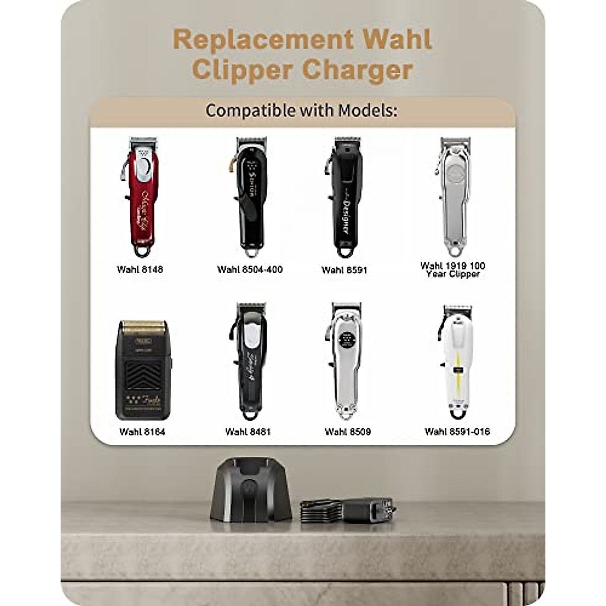 VHBW for Wahl Charging Stand 3801 with AC Adapter, Replacement Wahl Magic Clip Cordless Charger Stand for Wahl Magic Clip 8148/8481/8591/81919/8509/8504-400/8504