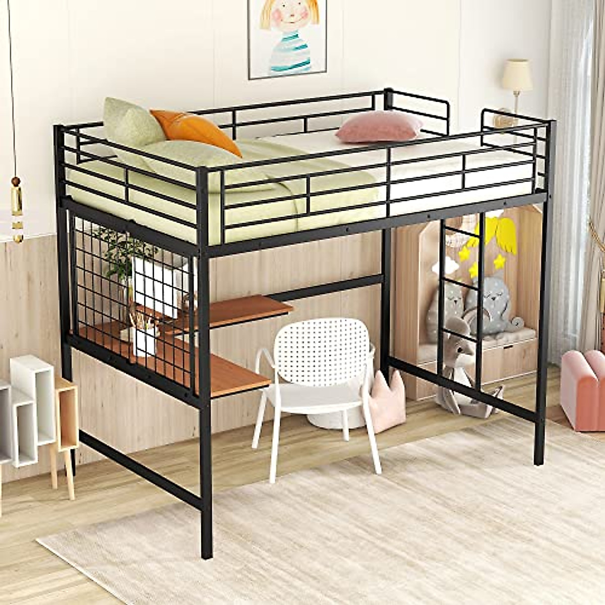 Ochangqi Metal Full Size Loft Bed with Desk and Metal Grid, Loft Bed Frame with Ladder and Full-Length Guardrail for Kids Boys Girls Teens, Noise Free (Black)