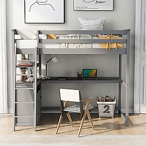 Twin Size Loft Bed with Desk and Drawers, Wood Twin Loft Bed with Storage Shelves, Angled Ladder and Wood Slat Support, High Loft Bed for Kids, Teens, Adults Boys & Girls, Gray