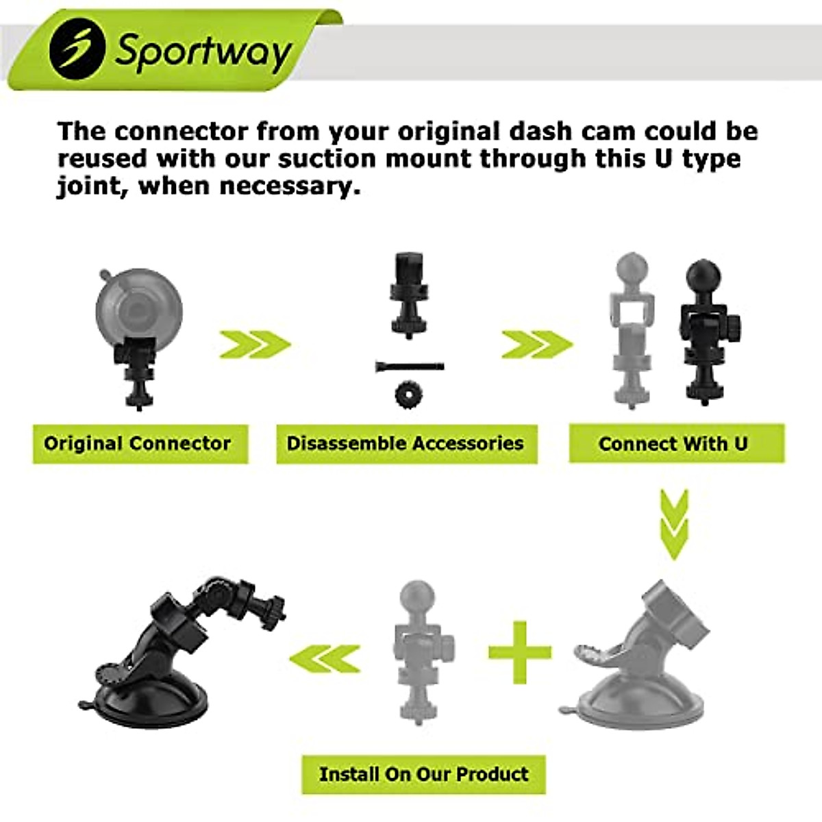 Sportway Dash Cam Mount, S10 Pro Suction Cup Dash Camera Mount Holder with 10+pcs Joints for Rove APEMAN CHORTAU Roav Nexar iiwey REXING Z-Edge Old Shark YI 98% Car Dash Cameras