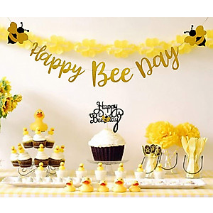 Happy Bee Day Banner and Gold Glitter Happy Bee Day Cake Topper for Bumble Bee Themed Birthday Party Supplies by Topfun