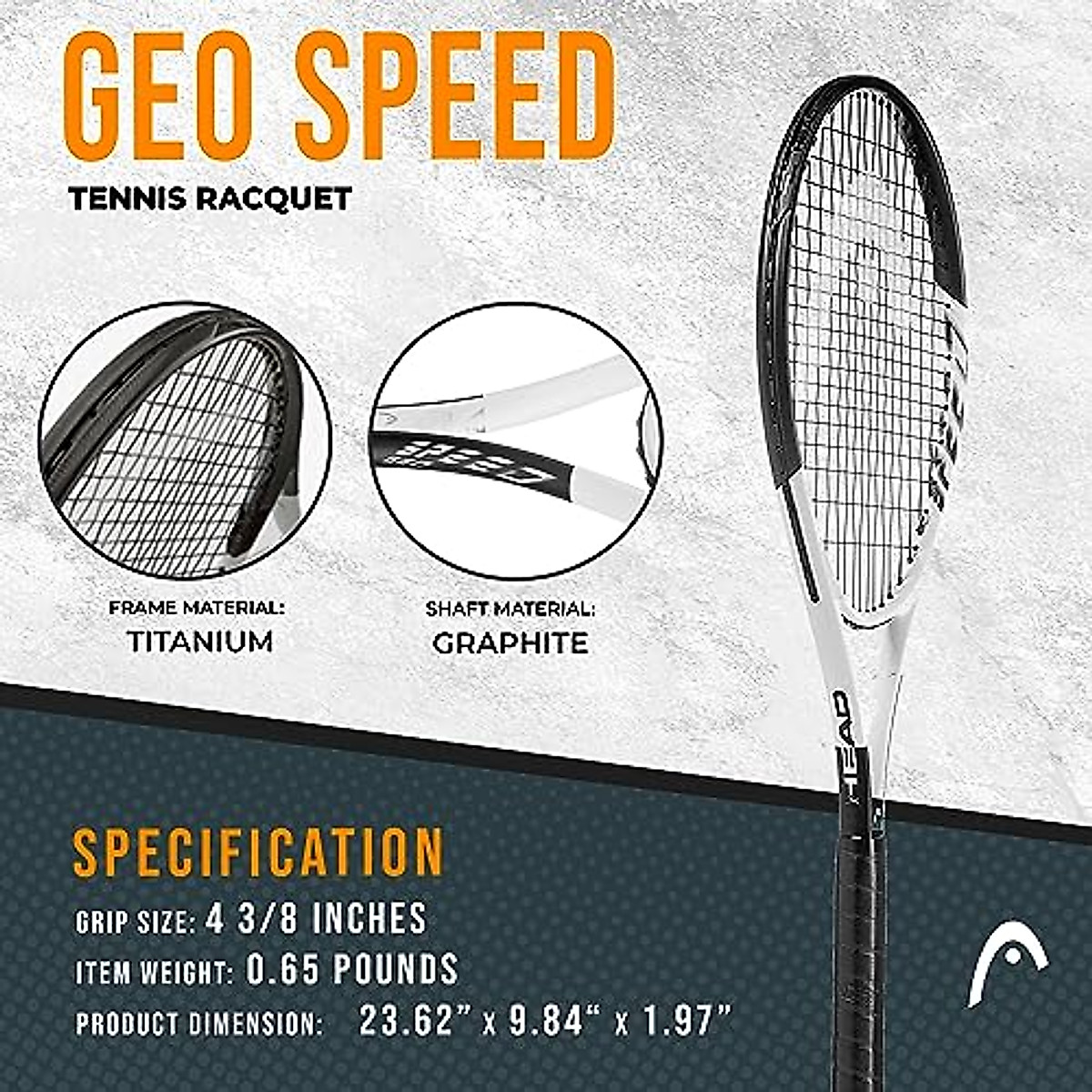 HEAD Geo Speed Adult Tennis Racket - Pre-Strung Head Light Balance 27.5 Inch Racquet - 4 3/8 In Grip, Black/White