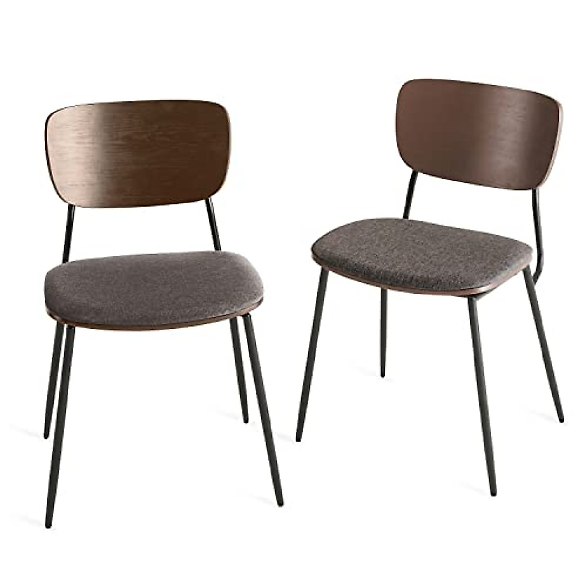 ESSIZOLE Dining Chair, Modern Linen Kitchen Dining Room Chairs Set of 2, Side Chair with Wood Back, Upholstered Armless Chairs with Metal Legs for Dining Room, Bedroom（Matte D-Brown+Grey）