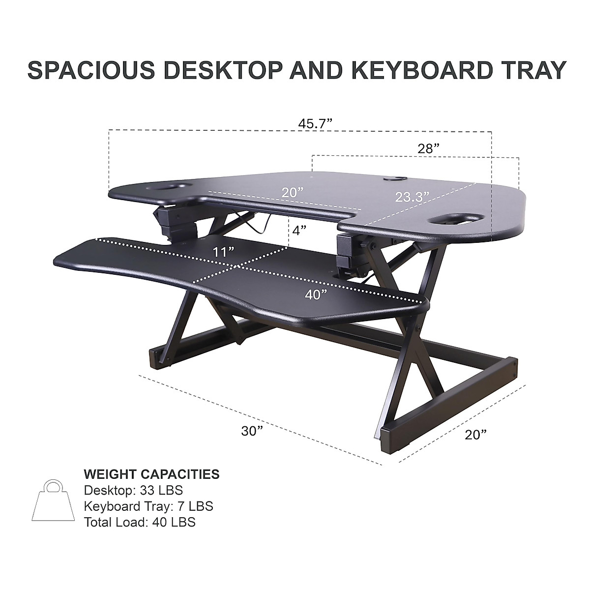 Rocelco 46" Height Adjustable Corner Standing Desk Converter, Quick Sit Standup Dual Monitor Riser, Gas Spring Assist Tabletop Computer Workstation, Large Keyboard Tray, (R CADRB-46), Black