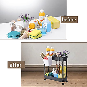 SUNTECH 2 Pack Under Sink Organizer, 2 Tier Under Bathroom Storage Rack with 4 Hooks and 2 Hanging Cup, Multi-purpose Under Sink Shelf Organizer for Bathroom Kitchen Countertop and Cabinet