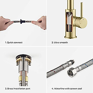 KIBI Single Handle Pull Down Faucet for Kitchen Sink | Solid Brass High Arc Faucet Spout | Kitchen Faucet with Pull Down Sprayer (Brushed Gold) (KKF2011)