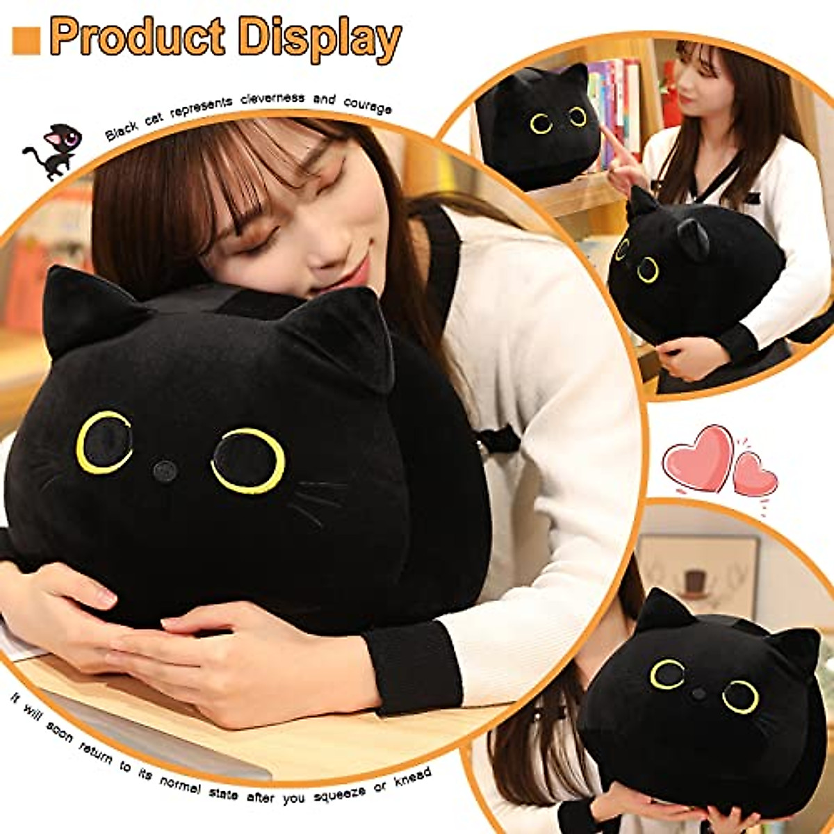 Yoruii 16" Black Cat Plush Toy, Cute Stuffed Animal Pillow, Creative Gift for Valentines & Birthdays