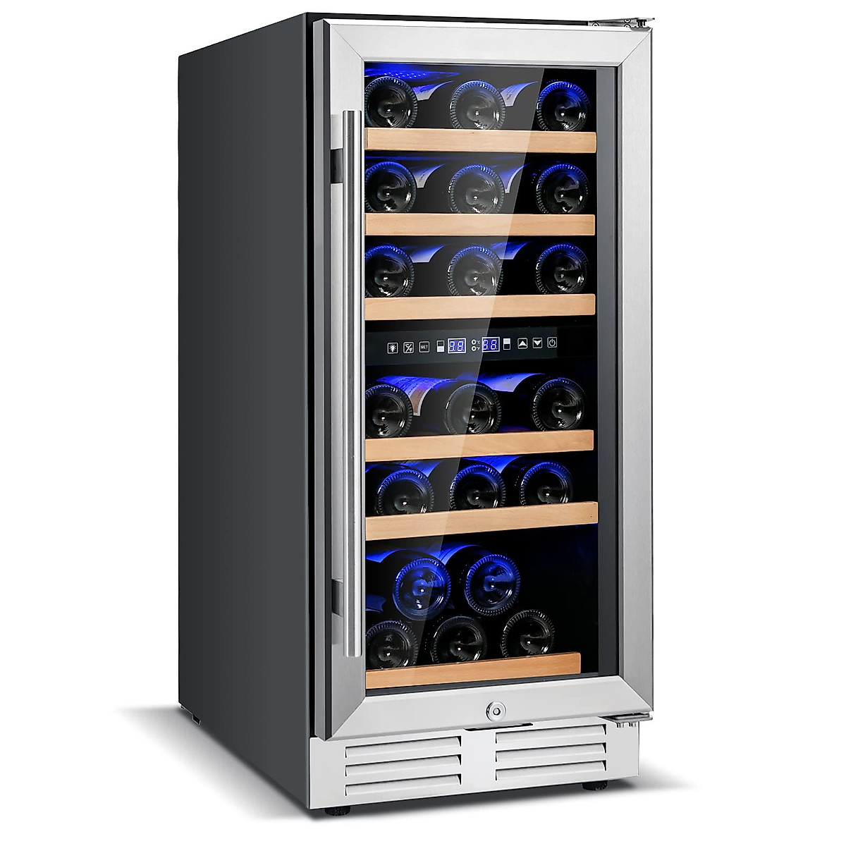 ORALNER 15“ Dual Zone Wine Cooler Refrigerator, 30-Bottle Built-in Beverage Wine Fridge w/Removable Wooden Shelves, Lockable Glass Door, Blue LED Interior Lights, Drink Wine Cellar for Kitchen Bar