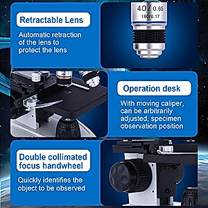 Woehrsh Microscope for Adults, 40X-2000X, Double-Layered Mechanical Load Table and LED Lighting Microscope for Adults, lab for Students and Adults Microscope
