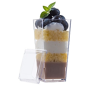 zappy Elegant Tall Square Mini Cube 3oz Clear Plastic Tasting Sample Shot Glasses Parfait Souffle Jello Mini Dessert Cups Dessert Glasses 3 oz Shooter Tumbler Party Cups Bowls With Lids (40 Ct)