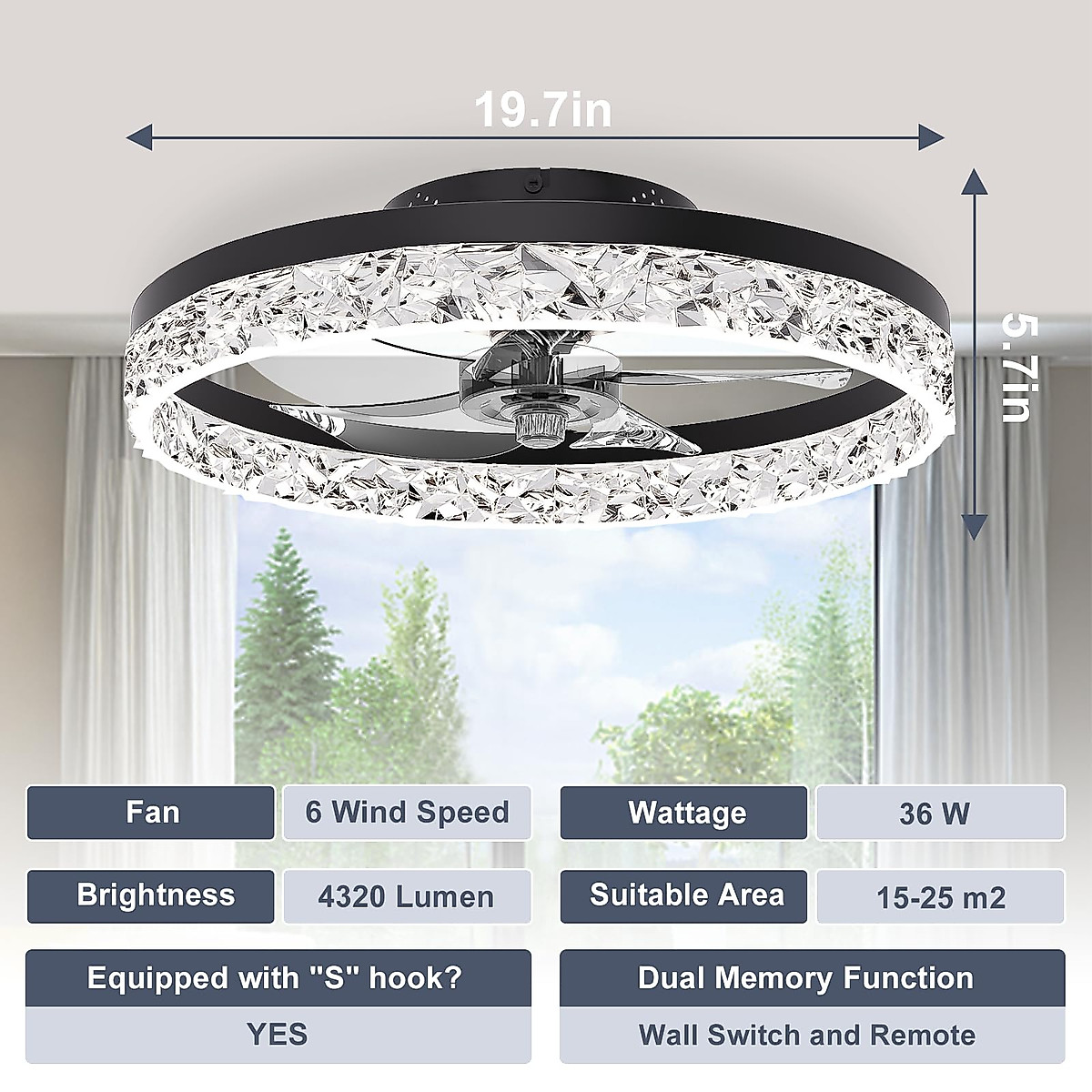 VOLISUN Low Profile Ceiling Fan with Lights and Remote, 19.7in Modern Ceiling Fans Flush Mount, 3000K-6500K Dimmable Bladeless LED Fan Light, Black Fandelier Ceiling Fans with Lights for Bedroom