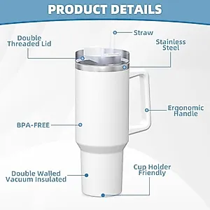 HQFFPOO 40 oz Tumbler with Handle and Straw Stainless Steel Coffee Travel Mug with Lid Insulated Water Bottle Reusable Leak Proof for Sports, Women, Men, Work - White