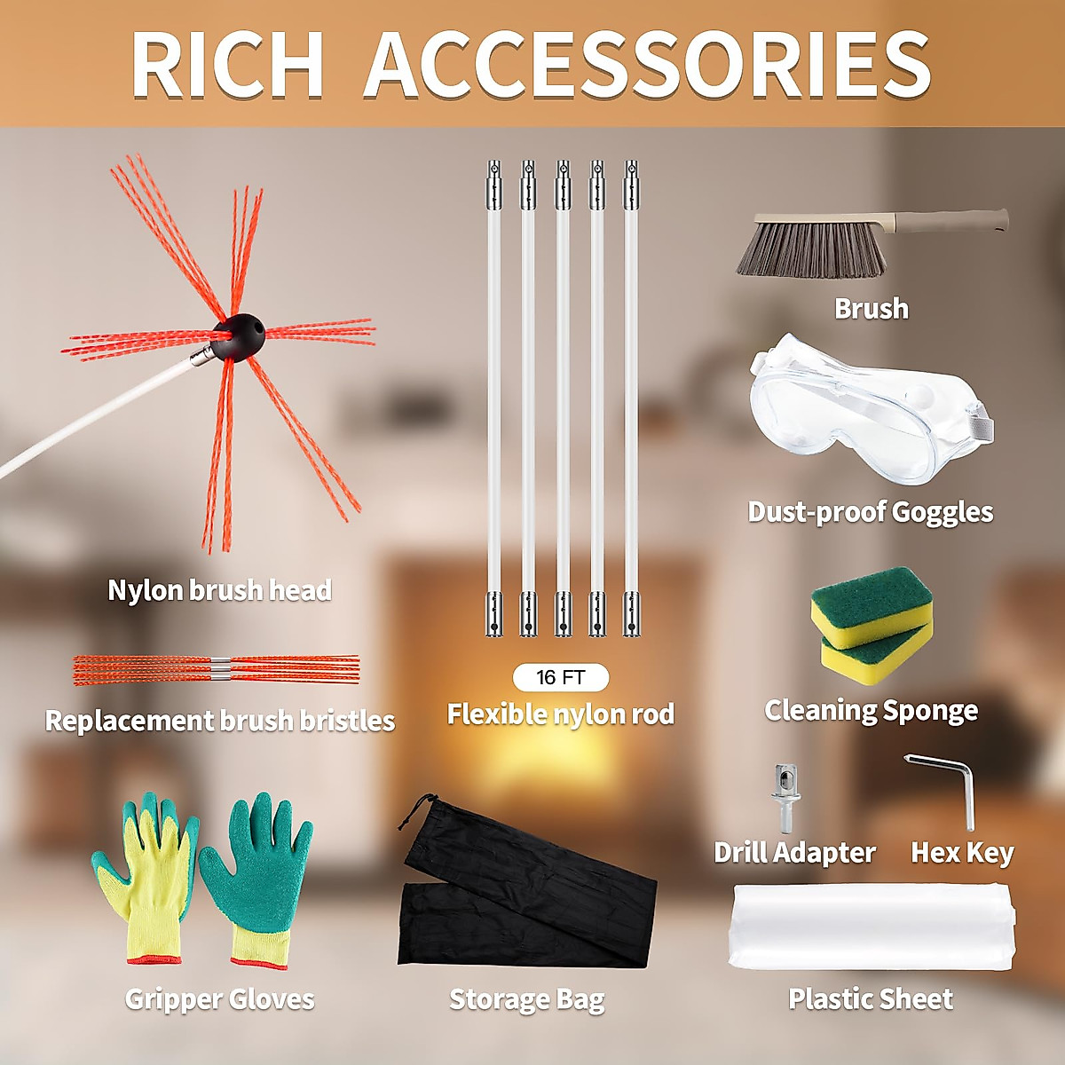 Bluesea 16 Feet Chimney Sweep Kit, Ergonomic Chimney Cleaning Kit, Extends Up to 16 Feet, Chimney Cleaner, Chimney Cleaning Tools, Chimney Cleaning System with Strong Brush, 5 Flexible Chimney Rods