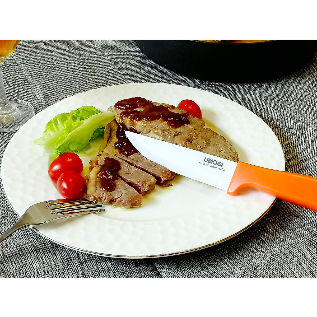 UMOGI Ceramic Steak Knives Set of 4 with Covers in Gift Box - Utility Knife Large Size - Healthy Stain Resistant & Rust Proof - Dishwasher Safe - Best for Meat Tomatoes Vegetables Fruits BBQ