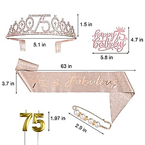 75th Birthday Decorations for Women，Rose Gold 75 Birthday Crown Tiara ，Cake Topper, Birthday Sash with Peal Pin and Birthday Candles Kit,75th Birthday Gifts for Women