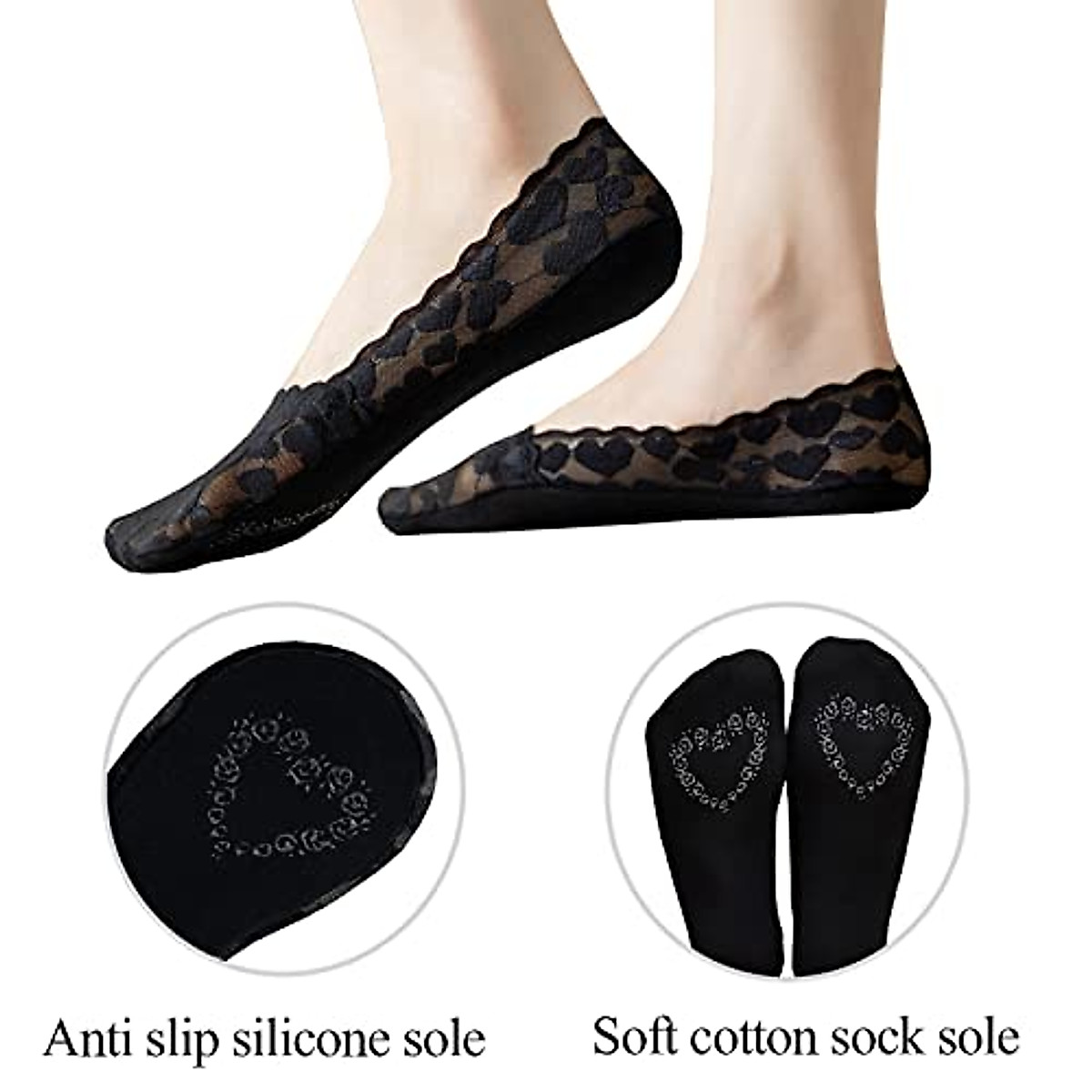BIVOLU Womens Lace No Show Thin Socks Cute Heart Breathable Mesh Socks Non Slip Low Cut Invisible Socks for Women Girls 6 Pack Size 5-9