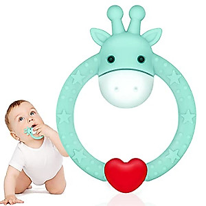 SHARE&CARE BPA Free Silicone Giraffe Baby Teether Toy with Storage Case, for 3 Months Above Infant Sore Gums Pain Relief and Baby Shower, Baby Teething Toys (Light Green)