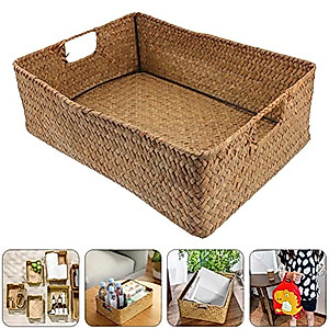 Amosfun Storage Basket with Wicker Baskets lid bin Large Small Seagrass lids- Retro Hand- Woven Seaweed Storage Basket Household Rectangular Sundries Organizer- Storage Box