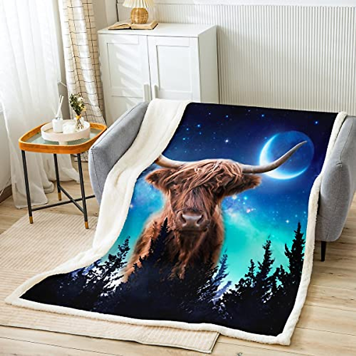 Highland Cow Fleece Blanket 50"x60",Glitter Stars Moon Pineforest Bed Blanket Brown Longhorn Bull Cattle Throw Blanket Western Animals Blanket Natural Scenery Art Soft Warm Cozy Sofa Decor
