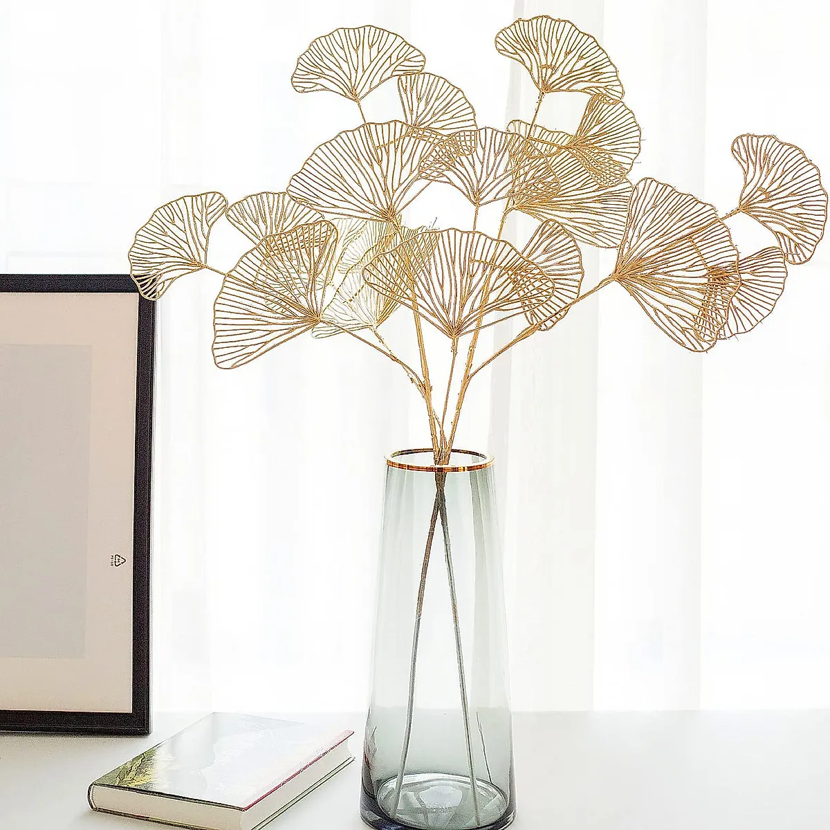 Artificial Golden Plants for Christmas Decoration Ginkgo Leaves Tall 27 Inch, Fake Plant Gold Apricot Leaf Bushes Faux Shrubs Indoor Outdoor Planter Vase Filler Home Garden Wedding Xmas Decor - 2 Pack