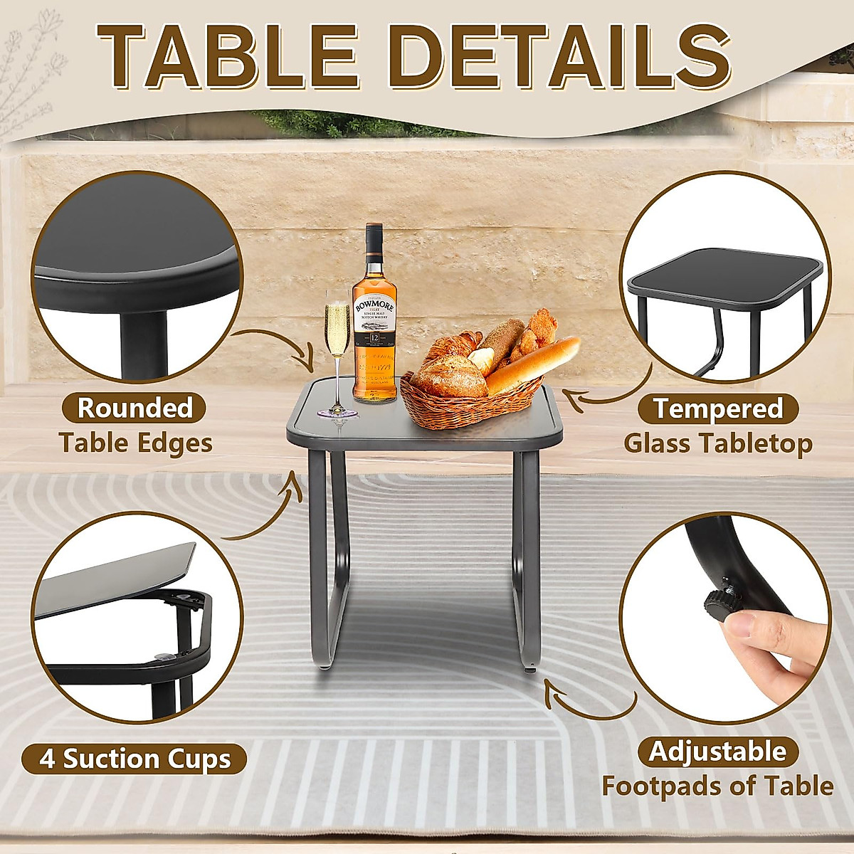 SUNCROWN 3-Piece Outdoor Rocking Bistro Set, Outdoor Furniture Set with Patio Rocking Chairs, and Glass-Top Table, Small Conversation Set of 3 for Porch, Lawn, Garden, Yard, Balcony, Poolside -Black