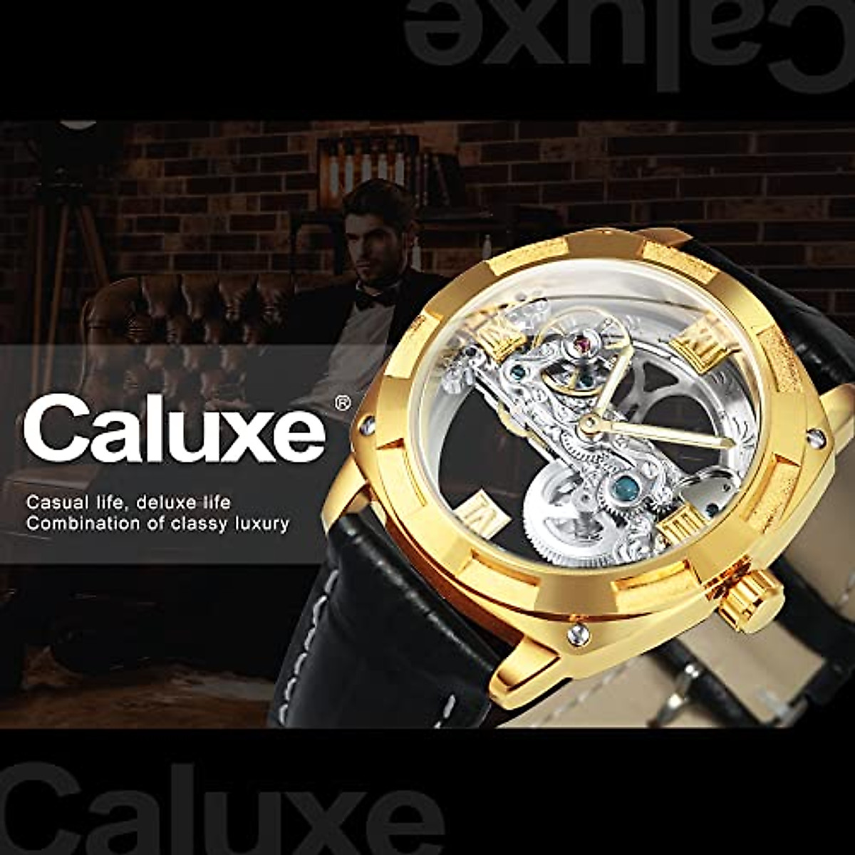 Caluxe Automatic Mechanical Tourbillon Golden Watch, 3 Leather Straps Combo Gift Set(Black & Brown Genuine Leather Strap+ Sports Rubber)