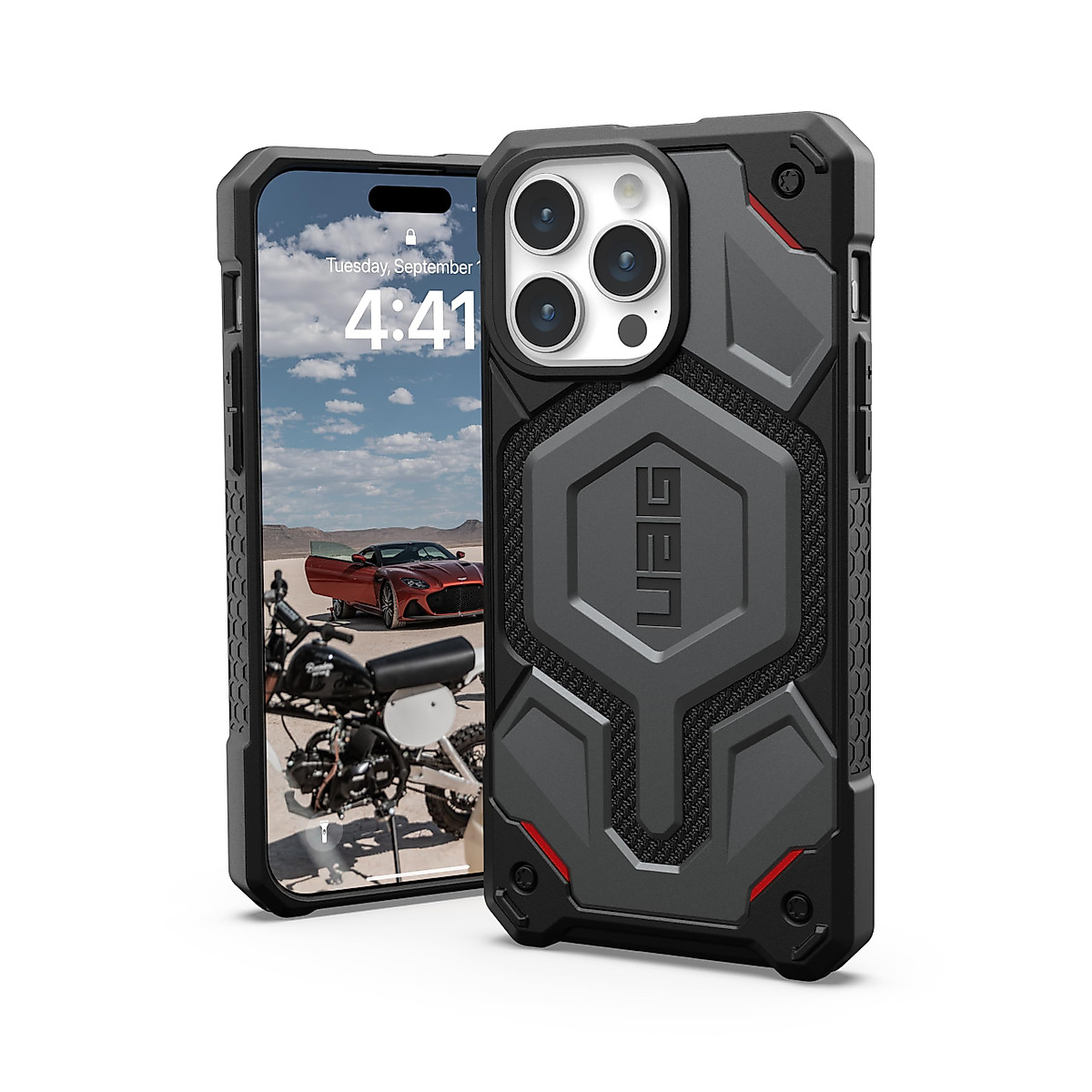 URBAN ARMOR GEAR UAG Designed for iPhone 15 Pro Max Case Monarch Pro Kevlar Silver 6.7" Bundle with UAG Civilian Phone Lanyard Adjustable Wrist Strap Graphite/Black